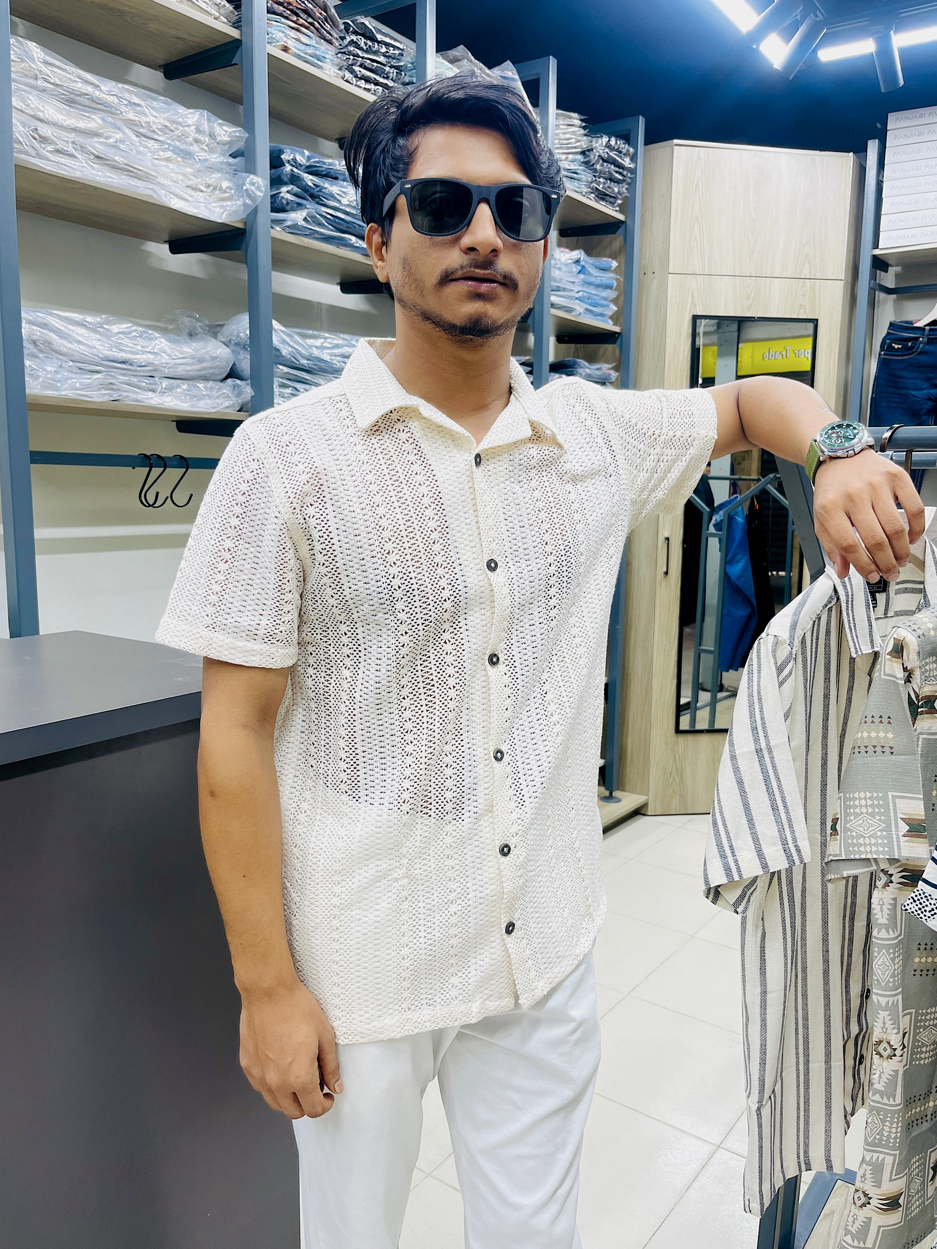 MENS WAVY NTR SLEEVE CUBAN SHIRT CREAM